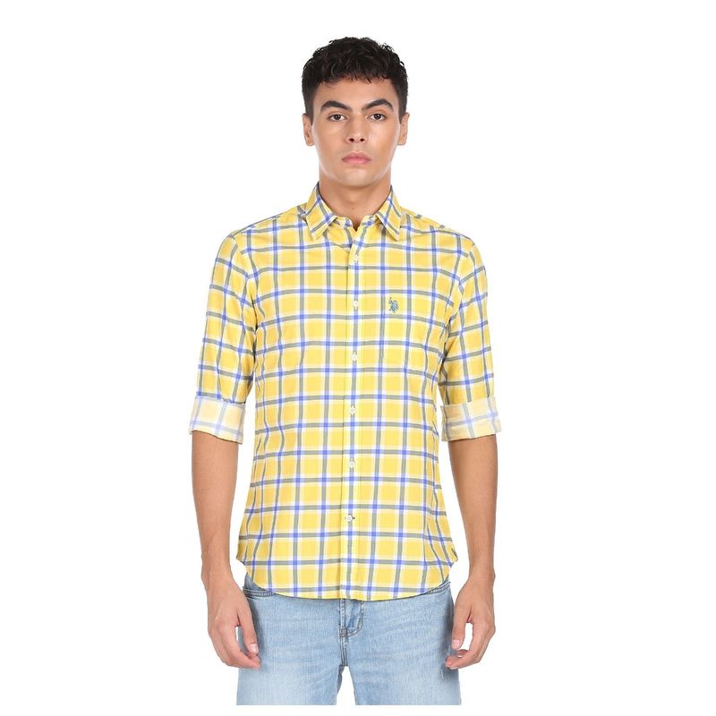 Buy U.S. POLO ASSN. Men Yellow Spread Collar Cotton Check Casual Shirt ...