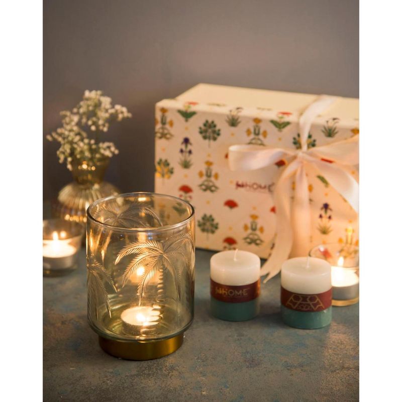 Buy Fabindia White Dhaani Glass Etched Tea Light Holder Gift Set Online