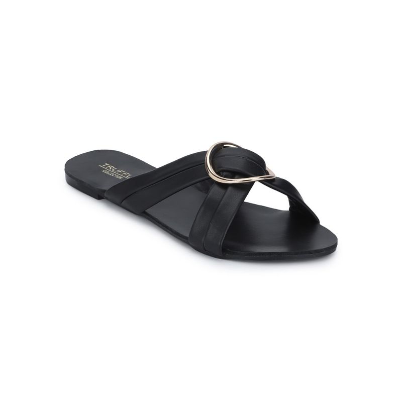Truffle Collection Black Pu Twisted Strap Buckled Slip-on Flats: Buy ...