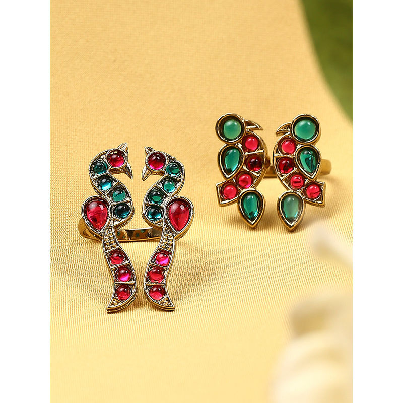Buy OOMPH Maroon and Green Jadau Rings - Bird Design - Moti Manik Theme ...
