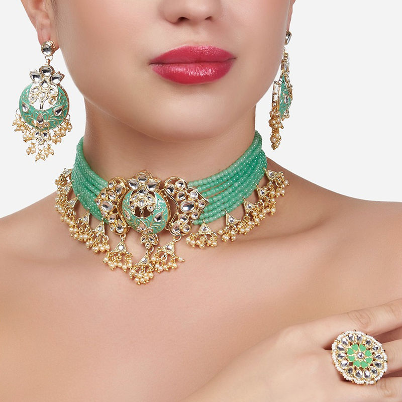 Zaveri Pearls Green Meenakari Multistrand Crystals Beaded Choker