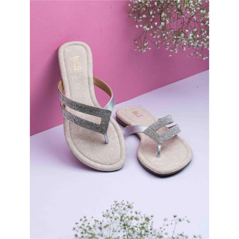 Buy Inc.5 Womens Silver Ethnic Embellished Open Toe Flats Online