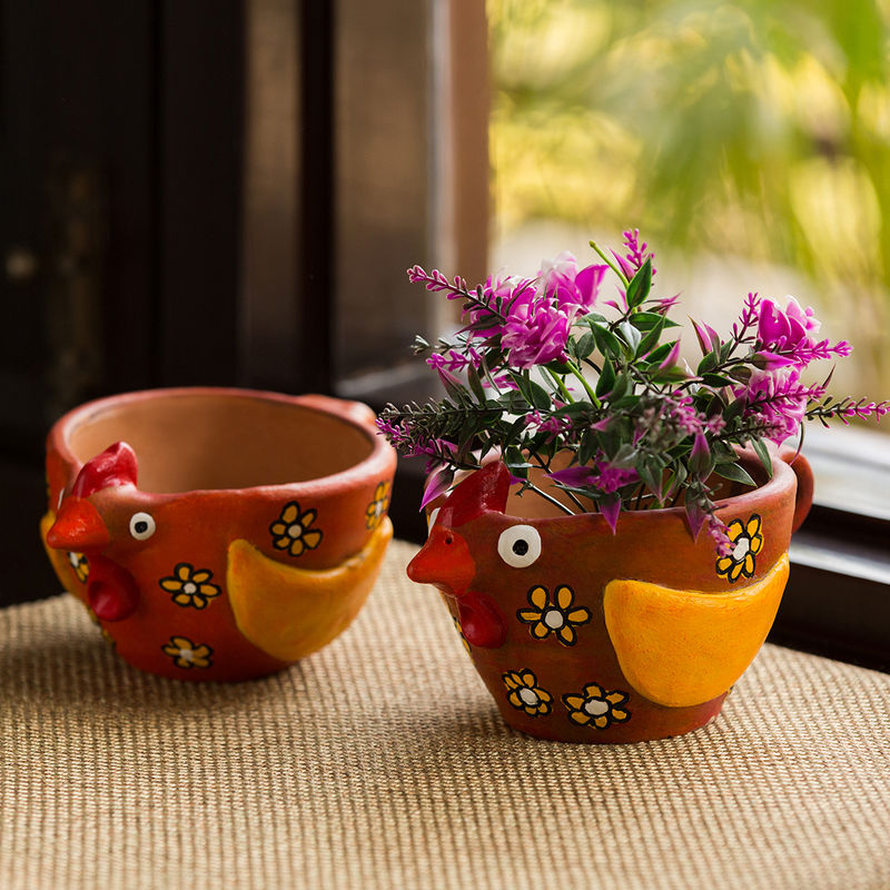 Buy ExclusiveLane Pecking Hen Pair' Handmade Planter Pots In Terracotta ...