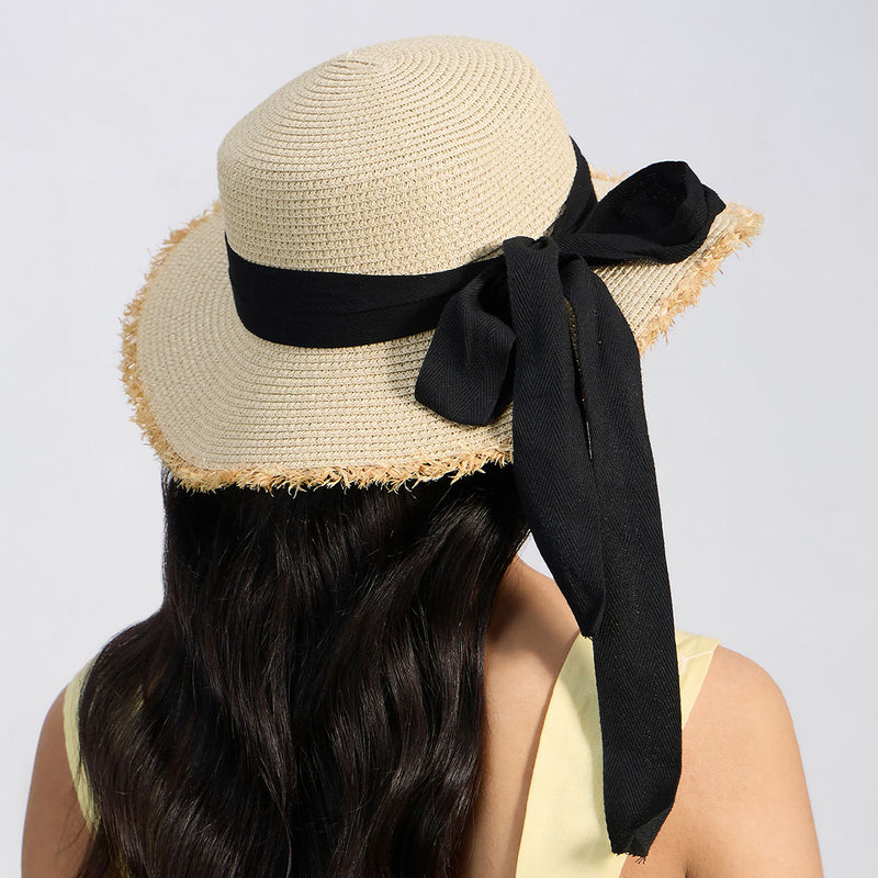 Buy Twenty Dresses by Nykaa Fashion Light Beige Frayed Hem Straw Hat ...