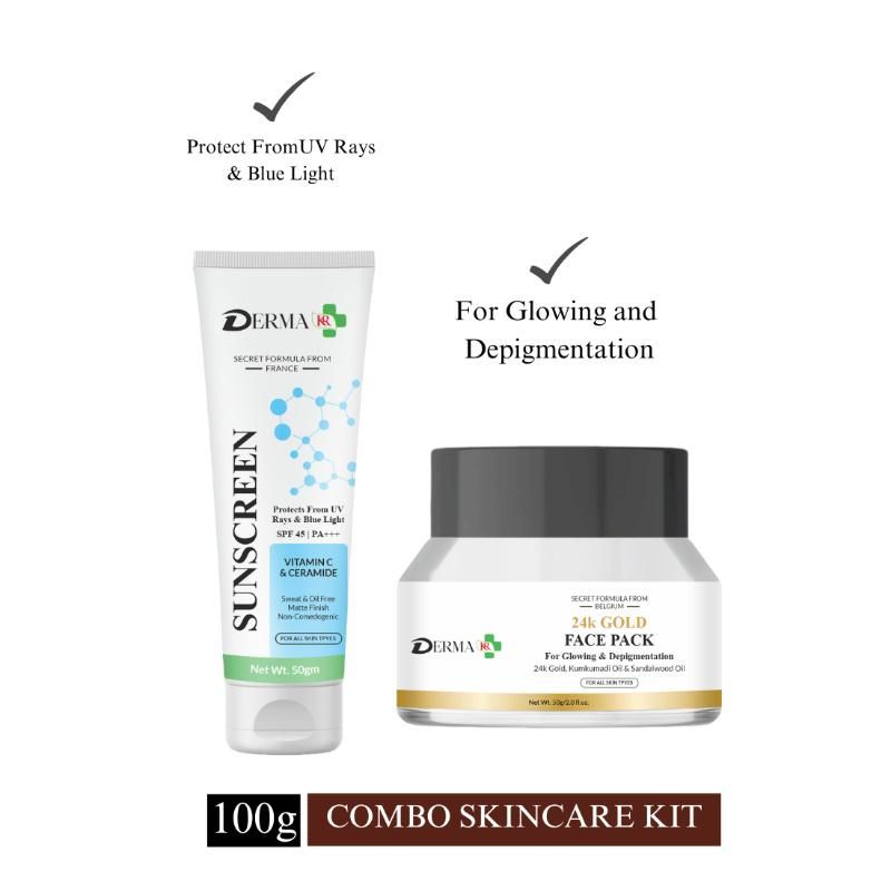 Buy DERMA KR Ceramide Sunscreen SPF 45 PA++++ + 24K Gold Face Pack Kit ...