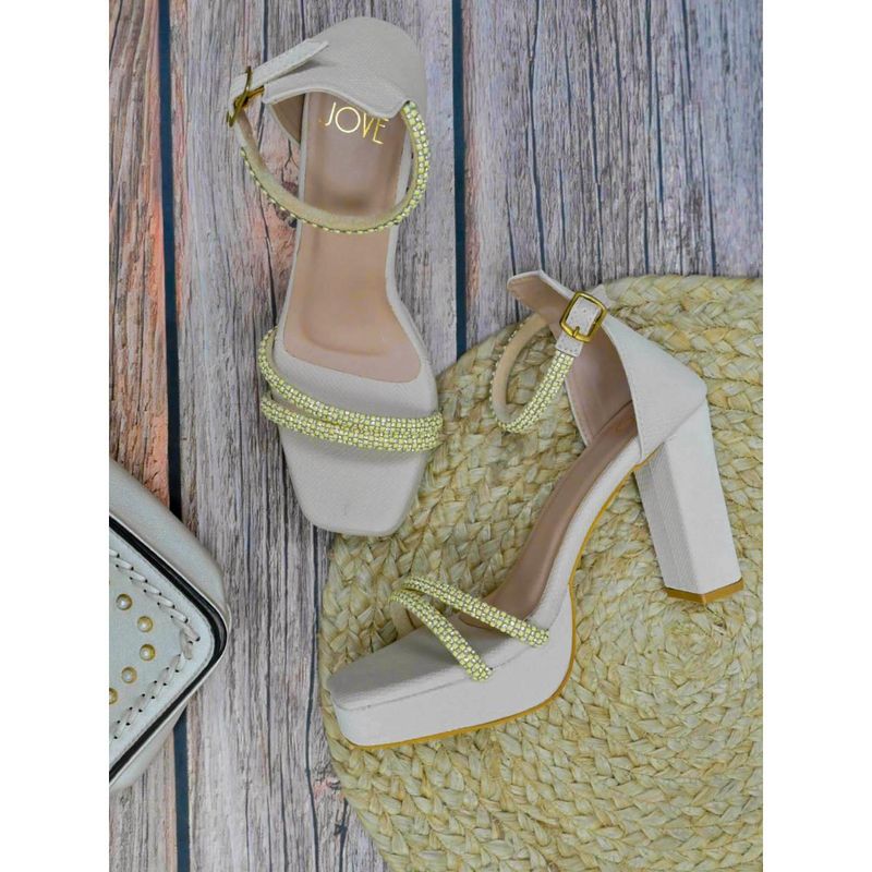 Buy Jove Women Beige Embellished Ankle Loop Sandal Heels Online