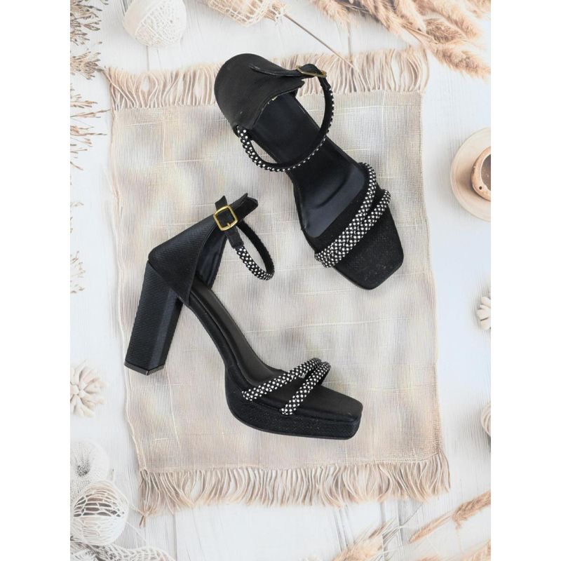 Buy Jove Women Black Embellished Ankle Loop Sandal Heels Online
