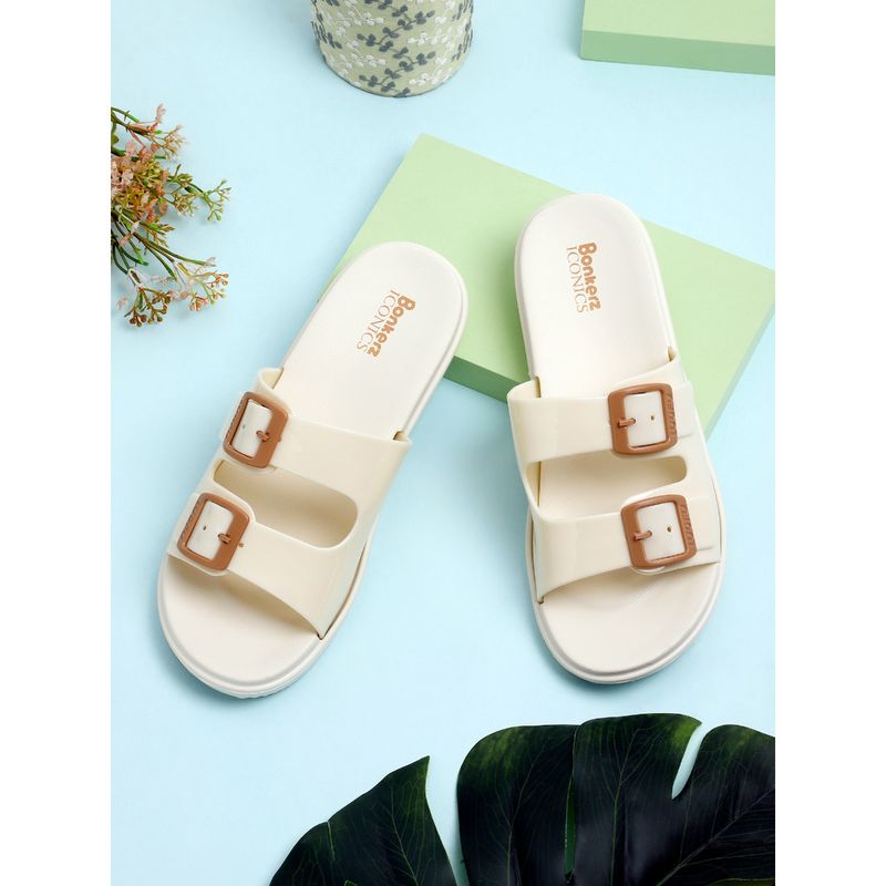 Buy Iconics Cream Women Solid Sliders Online
