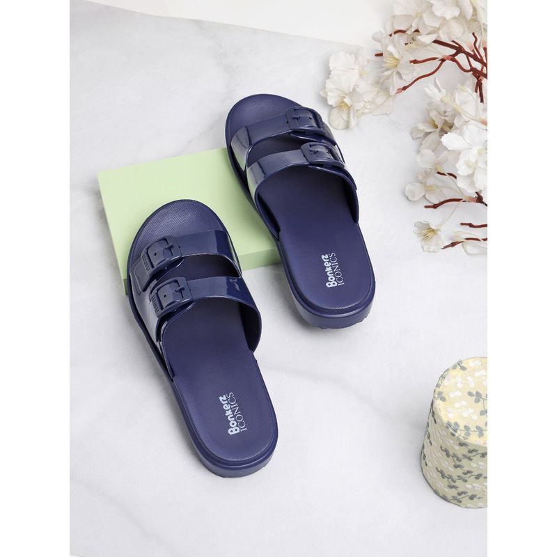 Buy Iconics Navy Blue Women Solid Sliders Online