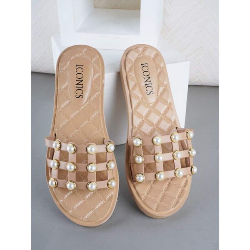 Buy Iconics Beige Women Embellished Sliders Online