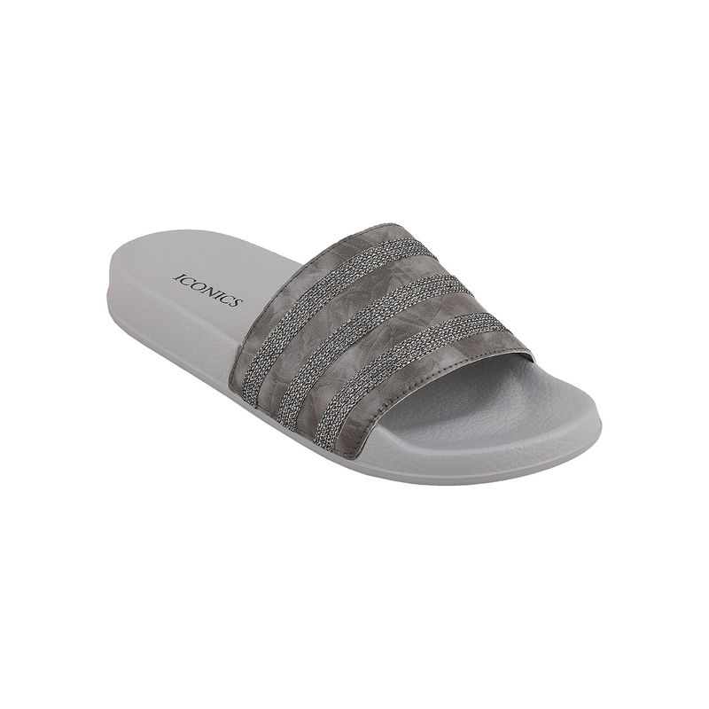 Buy Iconics Grey Women Striped Sliders Online