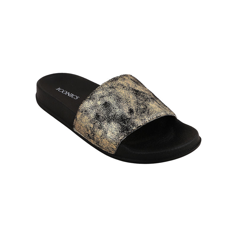 Buy Iconics Gold Black Women Printed Sliders Online