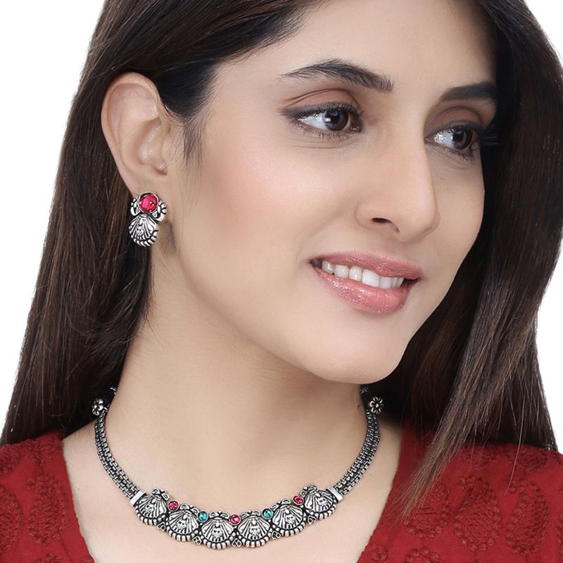 Buy Yellow Chimes Oxidised Silver Kolhapuri Jewellery Set Online