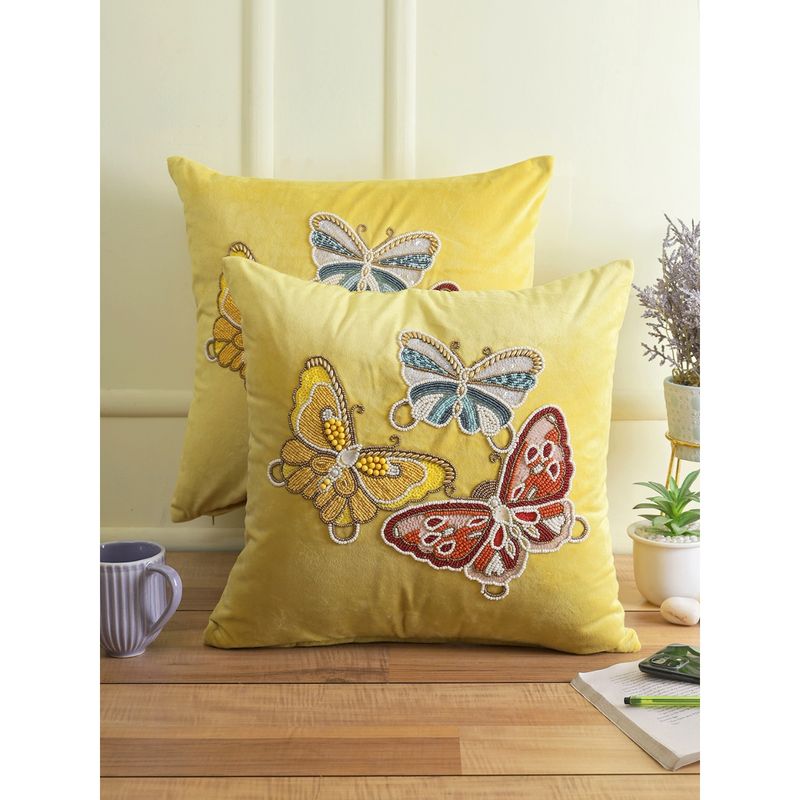 Buy eyda Velvet Yellow Color Beaded Sequin Set Of 2 Cushion Cover-18X18 ...