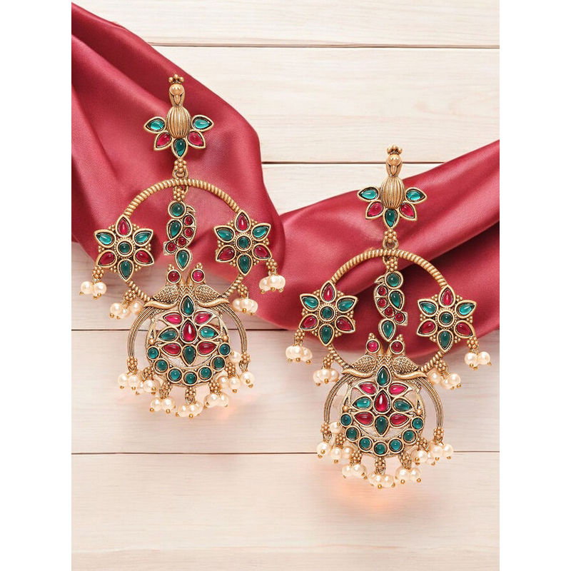 Buy OOMPH Matte Gold Jadau Ethnic Moti Manik Peacock Design Drop ...
