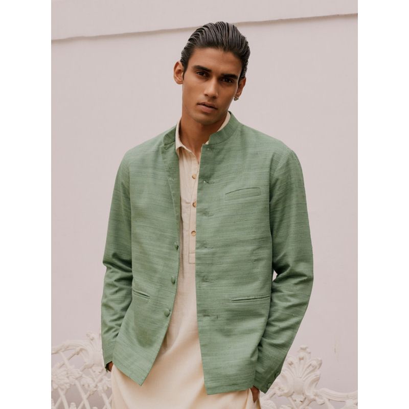 Buy Andamen Regular Fit Men Green Nehru Woven Jacket Online