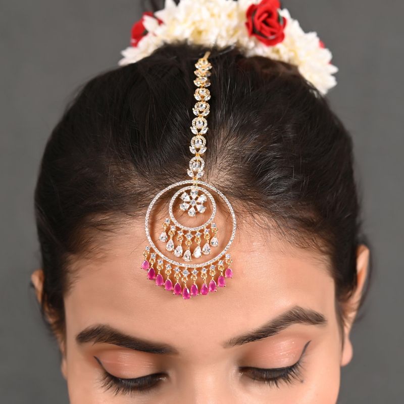 Buy Ratnavali Jewels Gold Plated CZ AD Studded Pink Drop Maang Tikka Online