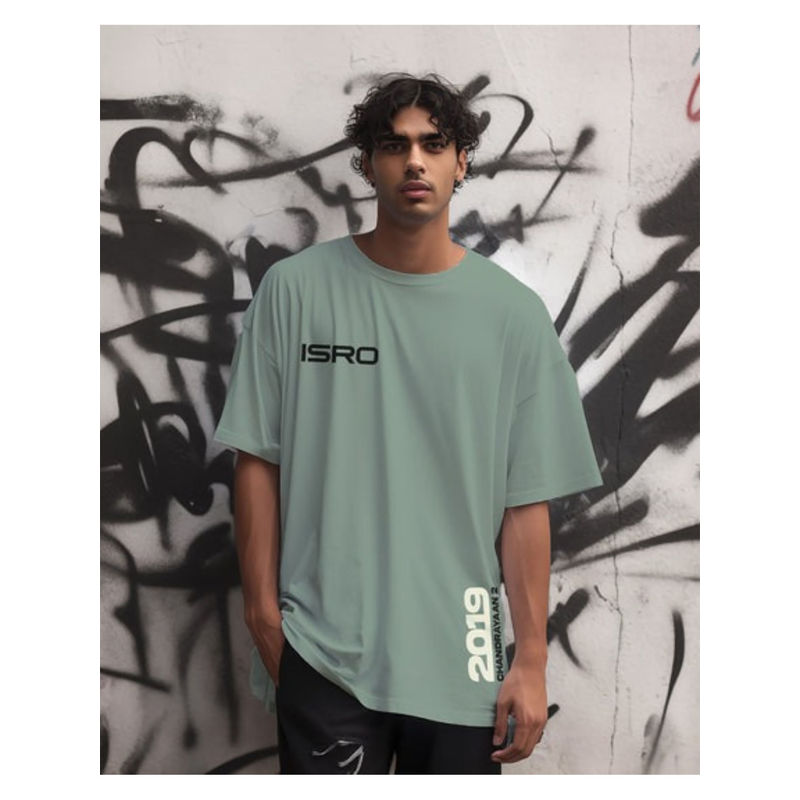 Buy A47 ISRO Chandrayaan 2 Comic Art Sage Green Oversized Tee Online