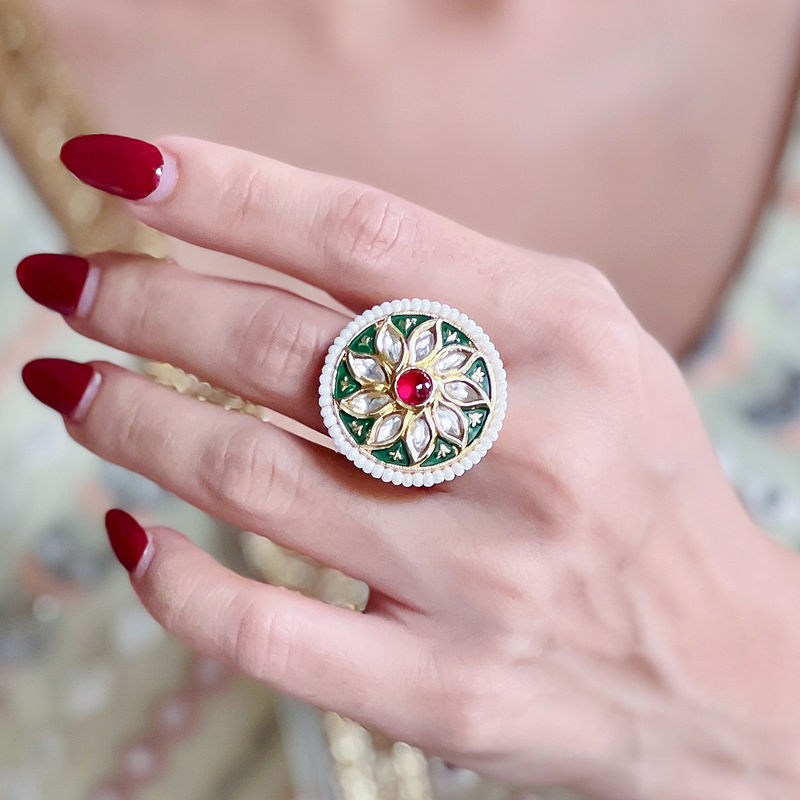 Buy Azai by Nykaa Fashion Ethnic Flower Patterned Green & Red Ring Online