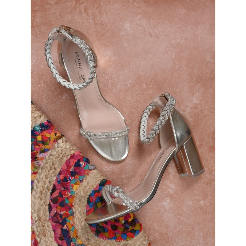 Buy Ronnie Grey Women Gold Embellished Ankle Loop Heels Online