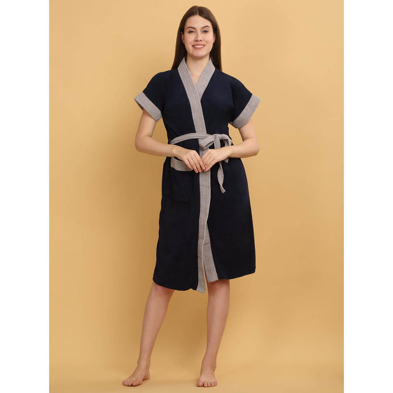 Buy Creeva Navy Blue Dual Tone Micro Terry Bath Robe Online