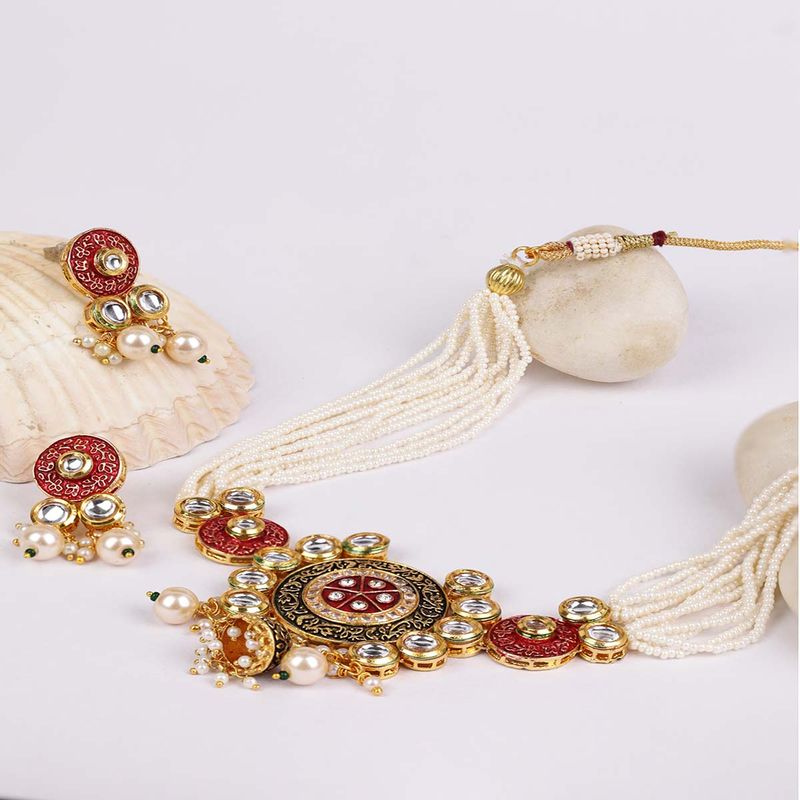 Buy Priyaasi White beaded and kundan studded Meenakari Jewellery Set Online