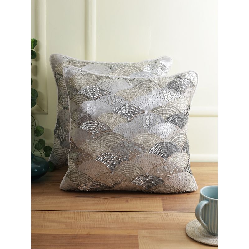 Buy eyda Silver Embellished Set Of 2 Cushion Cover-16X16 Inch Online