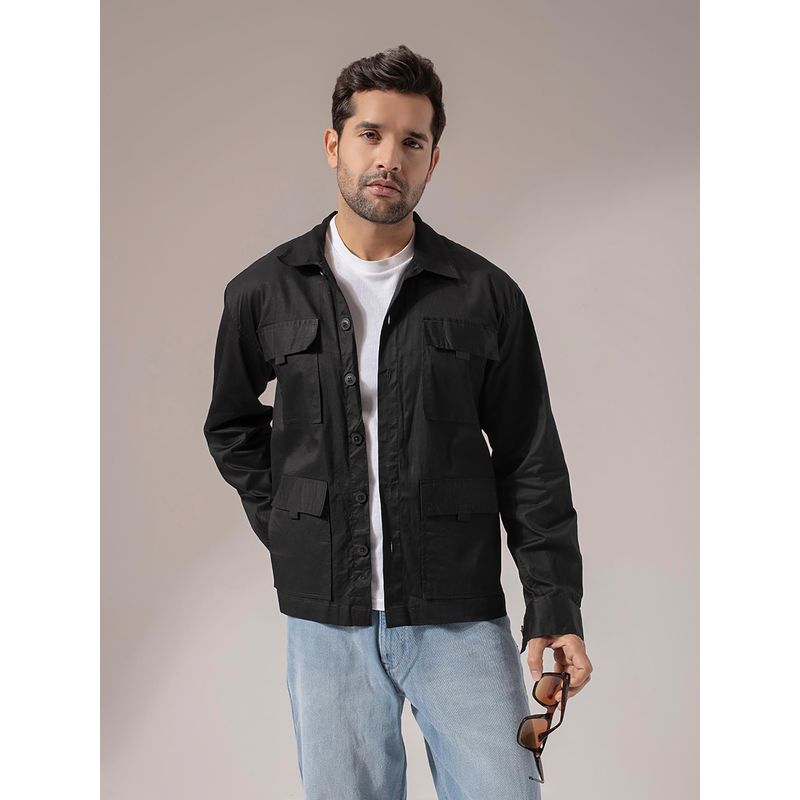 Buy Perch Men Black Solid Four Pocket Shacket Online