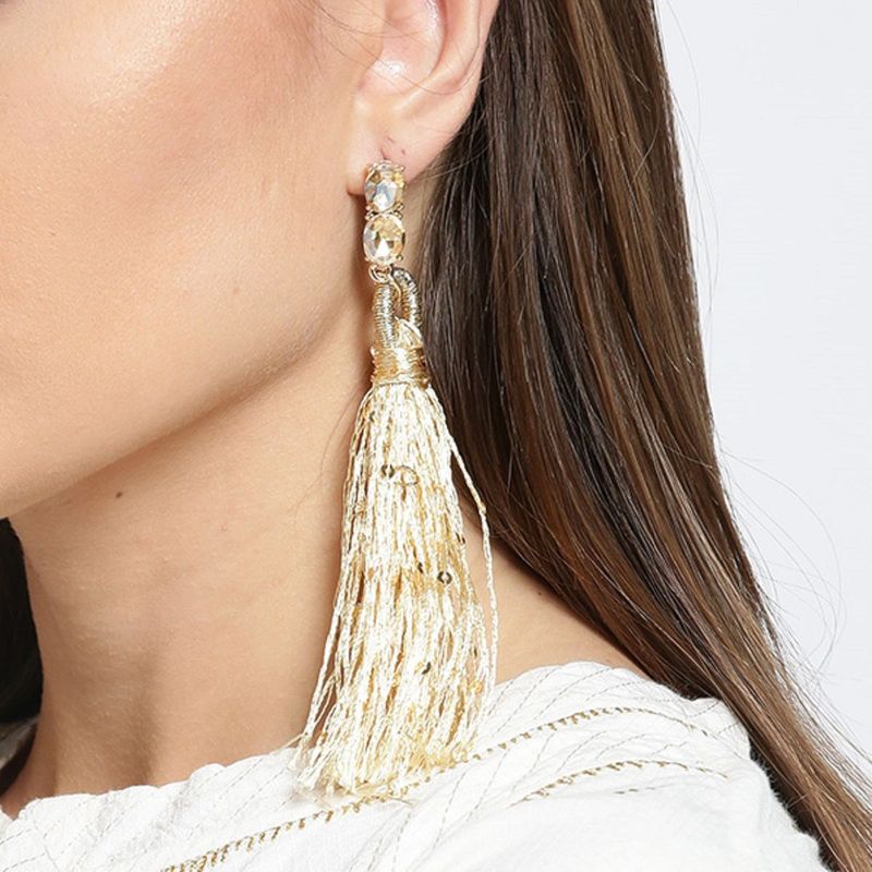 OOMPH Gold Tassel Crystal Studded Elongated Drop Earrings: Buy OOMPH ...