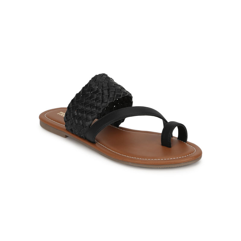 Buy Truffle Collection Black Woven Pu Flat Slip On Sandals Online