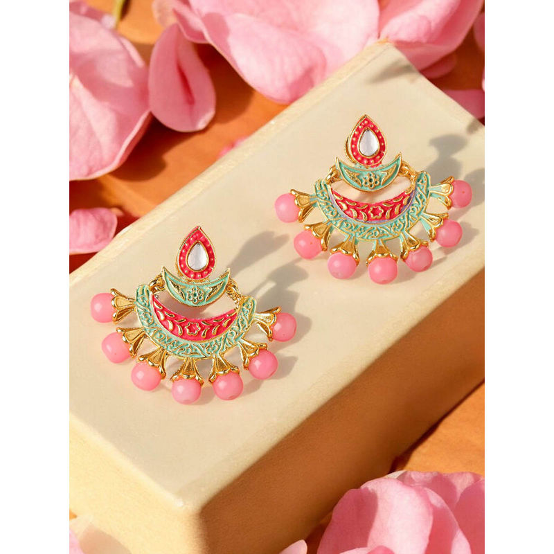 Buy OOMPH Pink and Mint Green Meenakari Large Ethnic Earrings Online