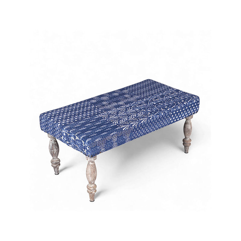 Buy Ikiriya Bestone Solid Wood 2 Seater Bench in Indigo Patch Print fabric (1 Year Warranty) Online