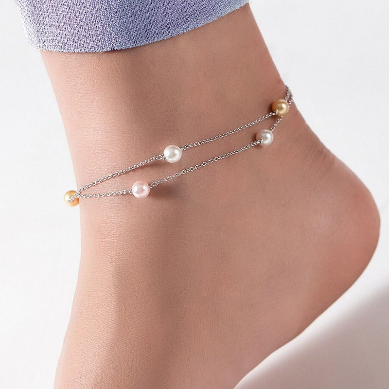 Buy Zavya Pearl 925 Sterling Silver Multi Color Chained Anklet in ...