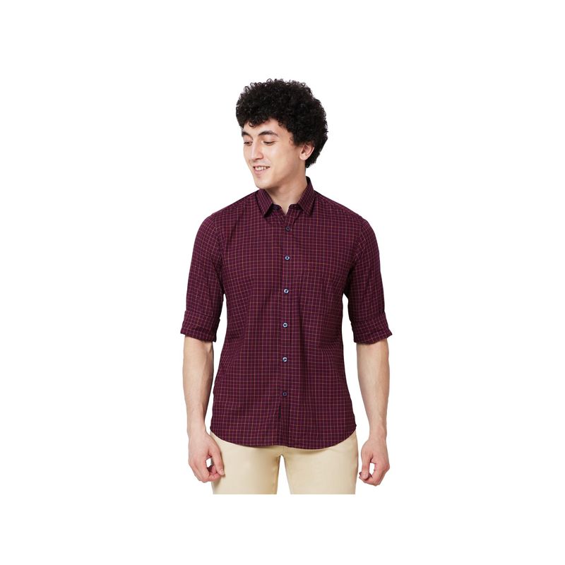 Buy ColorPlus Tailored Fit Checkered Dark Maroon Shirt Online