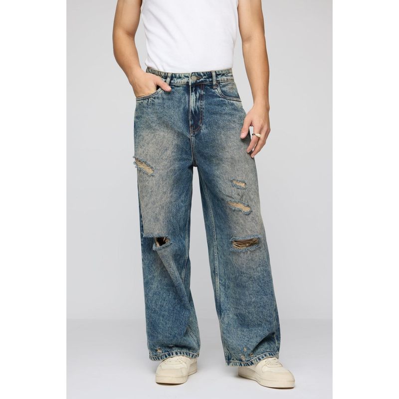 Buy FREAKINS Mid Blue Mayhem Ripped Men's Wide Leg Jeans Online