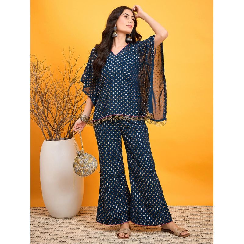 Buy The Kaftan Company Glimmery Glam Blue Festive Beaded Co-Ord (Set of ...