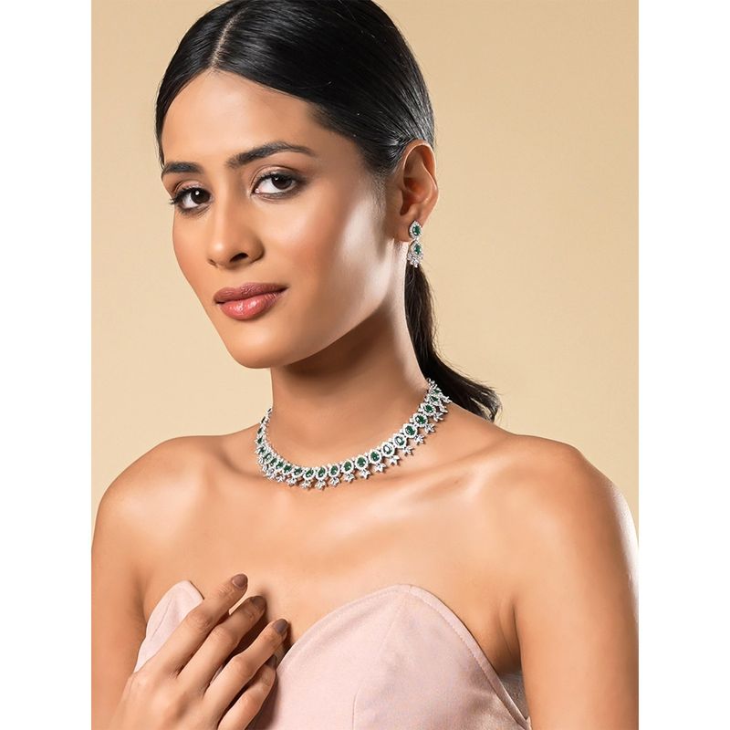 Buy Yellow Chimes Rhodium-Plated Green and White AD-Studded Jewellery ...