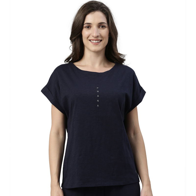 Enamor Essentials Womens E302- Cotton Boat Neck Graphic Tee-Navy/Prana ...