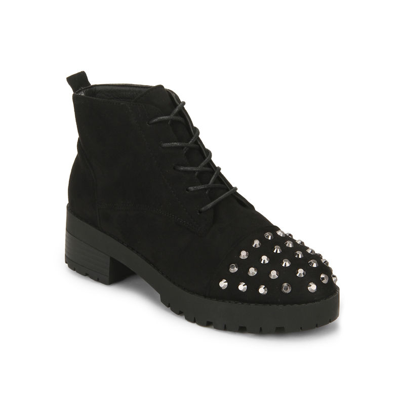 Buy Truffle Collection Black Micro Studded Biker Ankle Boots Online
