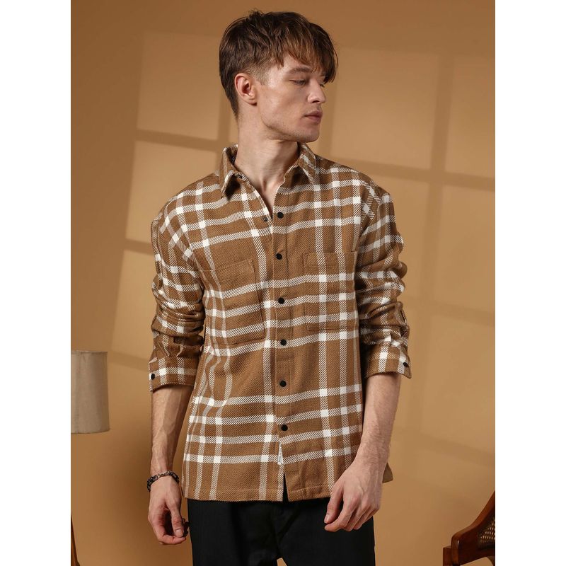Buy Campus Sutra Men Ash Brown Checkered Utility Overshirt Online