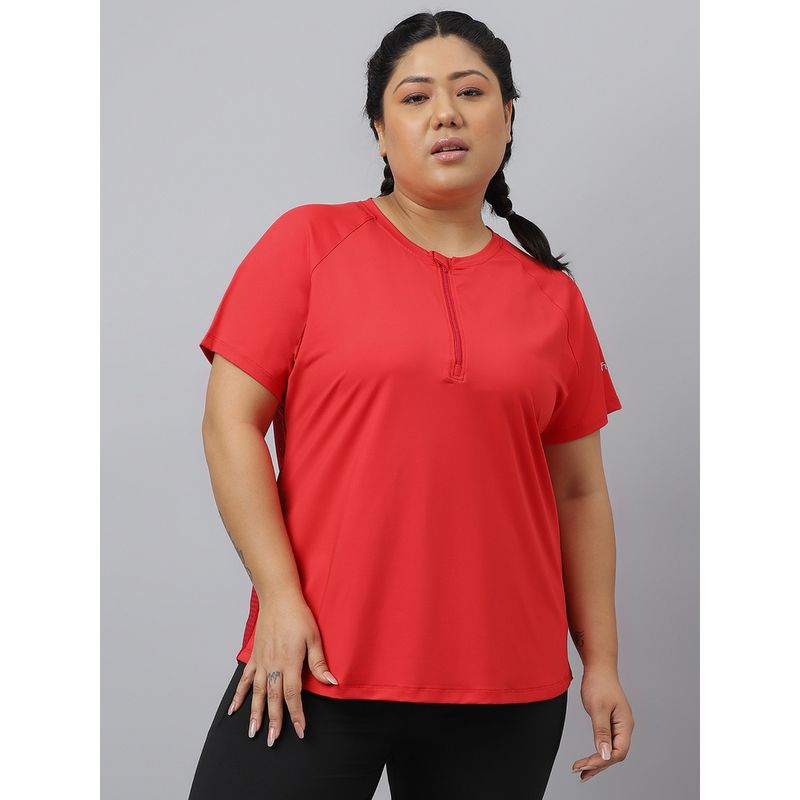 Buy Fitkin Plus Size Red Front Zipper Short Sleeve Training T-Shirt Online