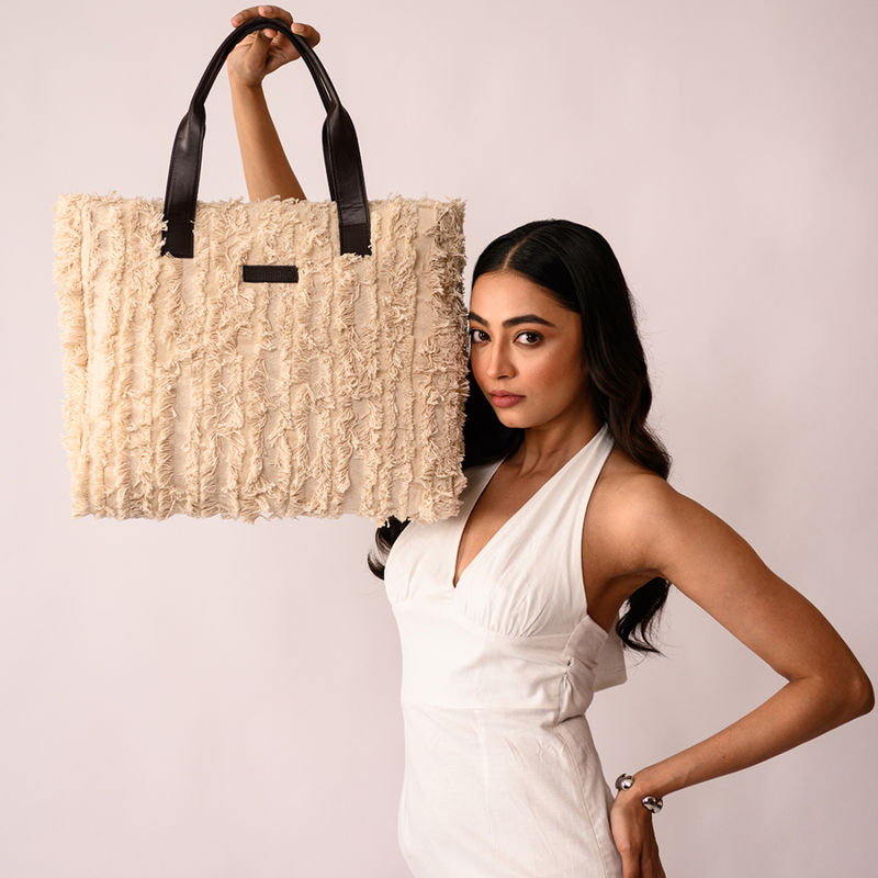 Buy Earth Bags Eva Textured Fringe Tote Bag White Online