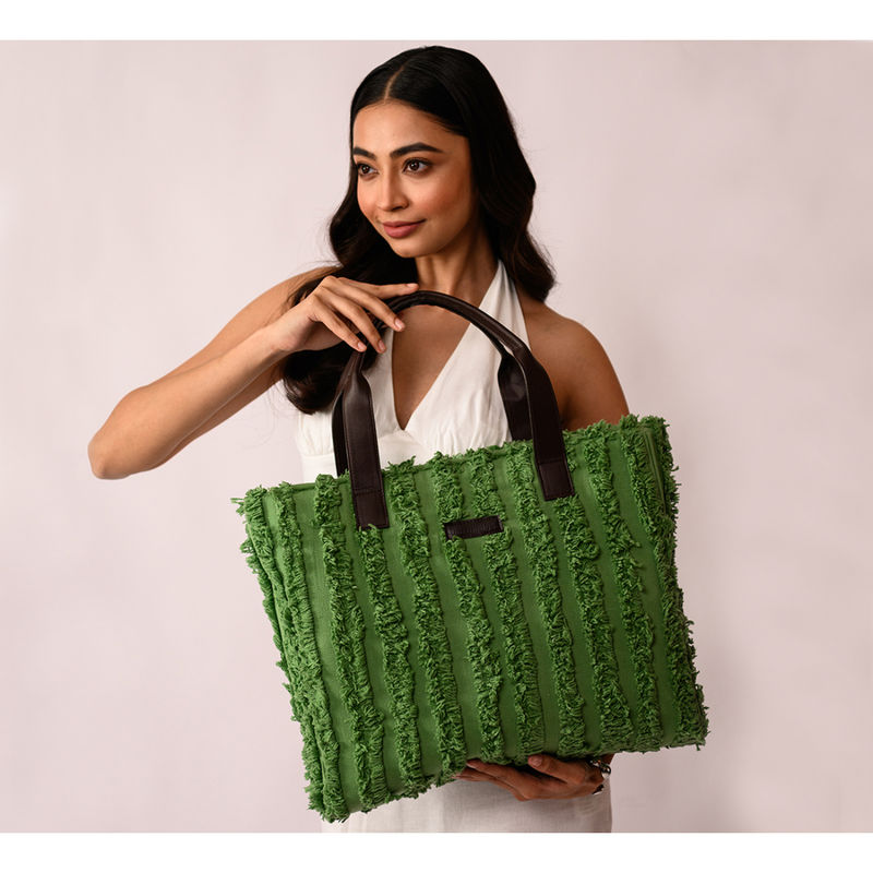 Buy Earth Bags Eva Textured Fringe Tote Bag Green Online