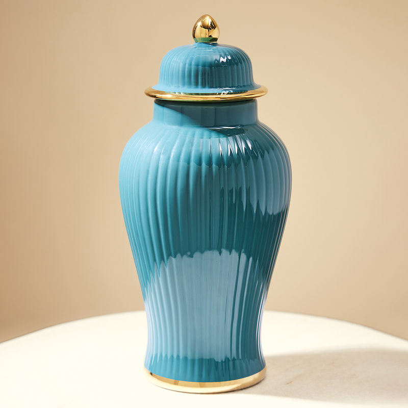 Buy Pure Home + Living Teal Ribbed Ceramic Urn With Lid Online