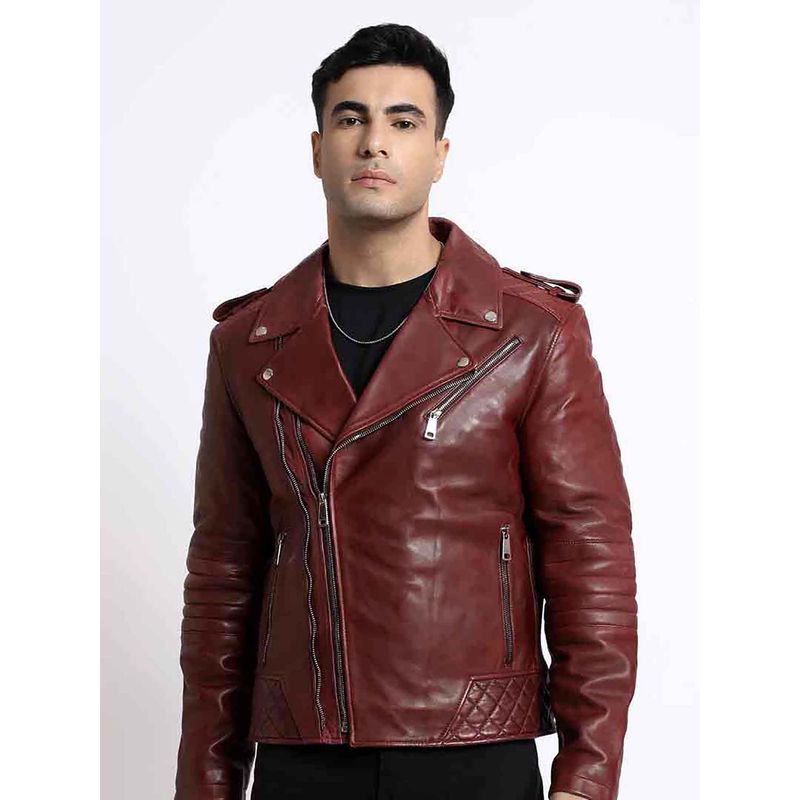 Buy Saint G Fabio Men Burgundy Leather Biker Style Jacket Online