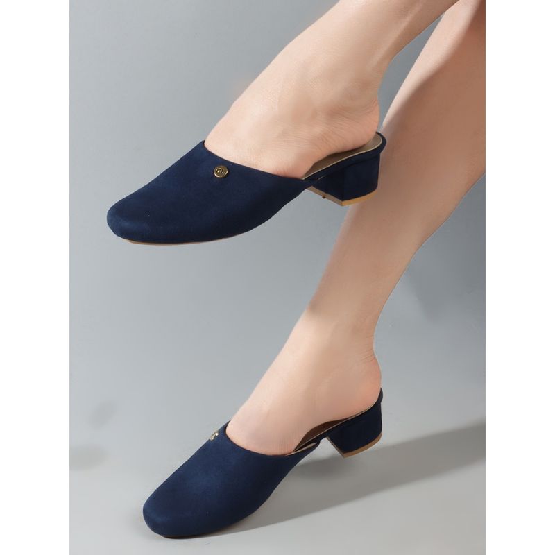 Buy Carlton London Women Solid Navy Blue Block Heels Mules Online