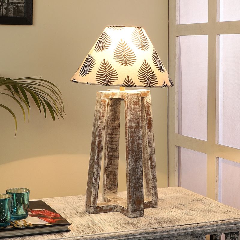 Buy Tu Casa Table Lamp Mango Wood Base & Off-White Black Leaf Cotton ...