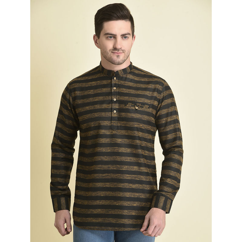 Buy TABARD Ethnicwear Black Cotton Striped Long Sleeves Mandarin Kurta ...