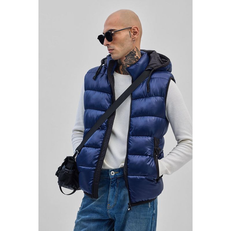 Buy Snitch Blue Puffer Sleeveless Detachable Hood Vest Jacket Online