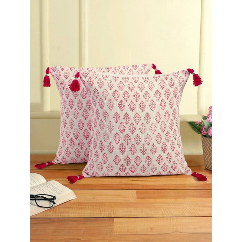 Buy Eyda Hand Block Pink Color Cushion Cover Set of 2 (18x18 Inch) Online